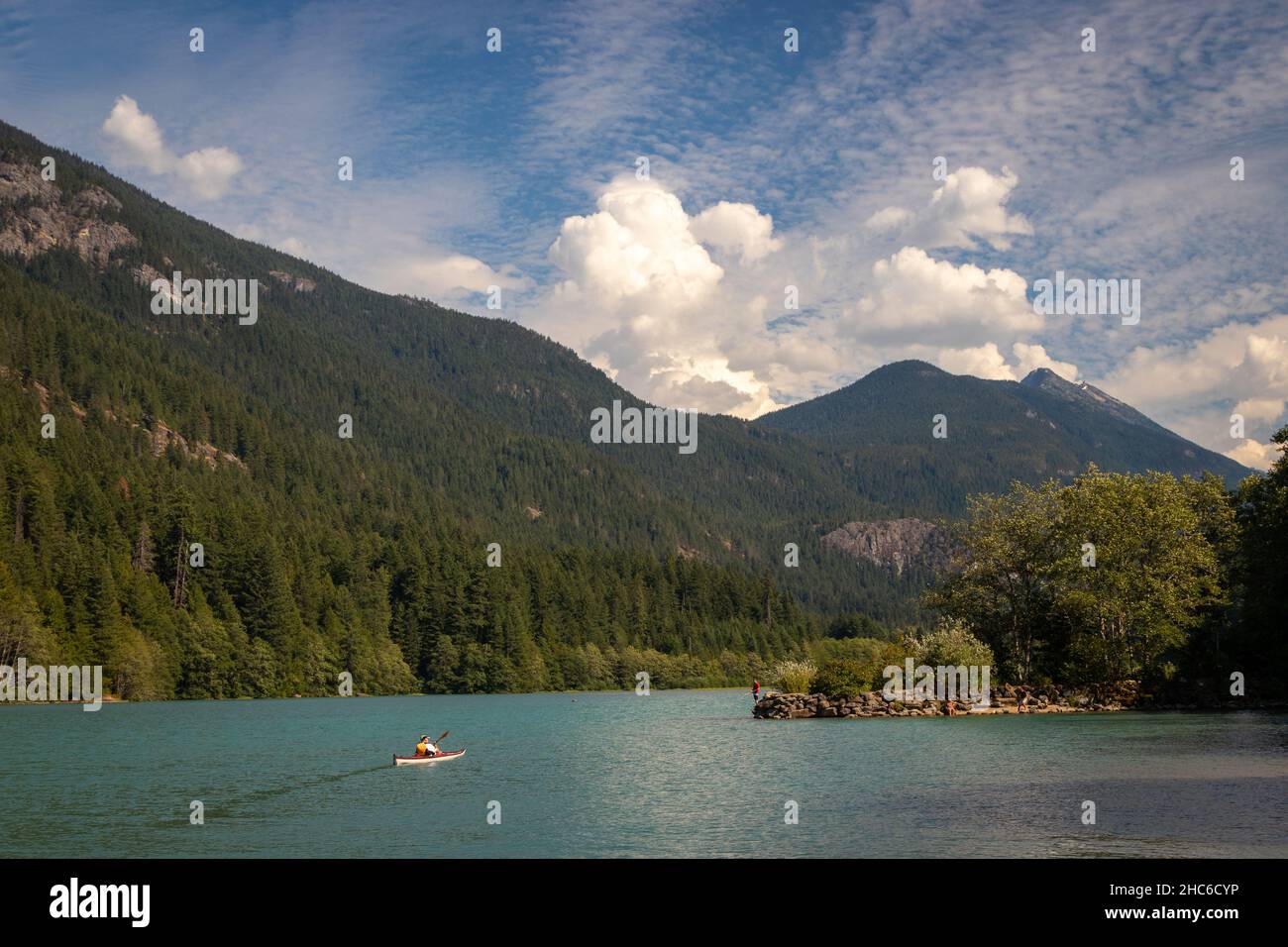Sailing boat in Ross Lake National Recreation Area surrounded by dense ...