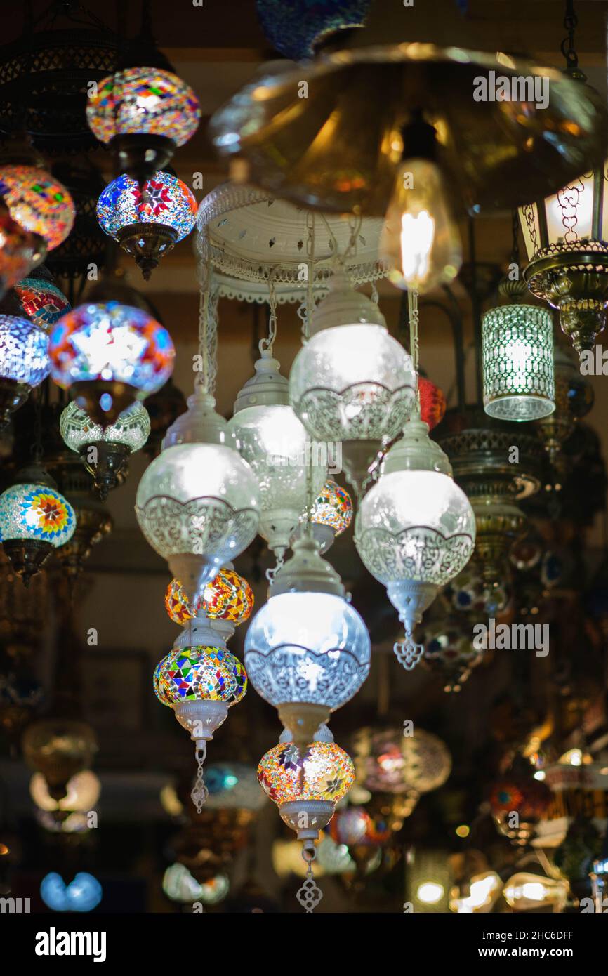 A vertical shot of colorful Turkish ceiling lamps in a store Stock ...