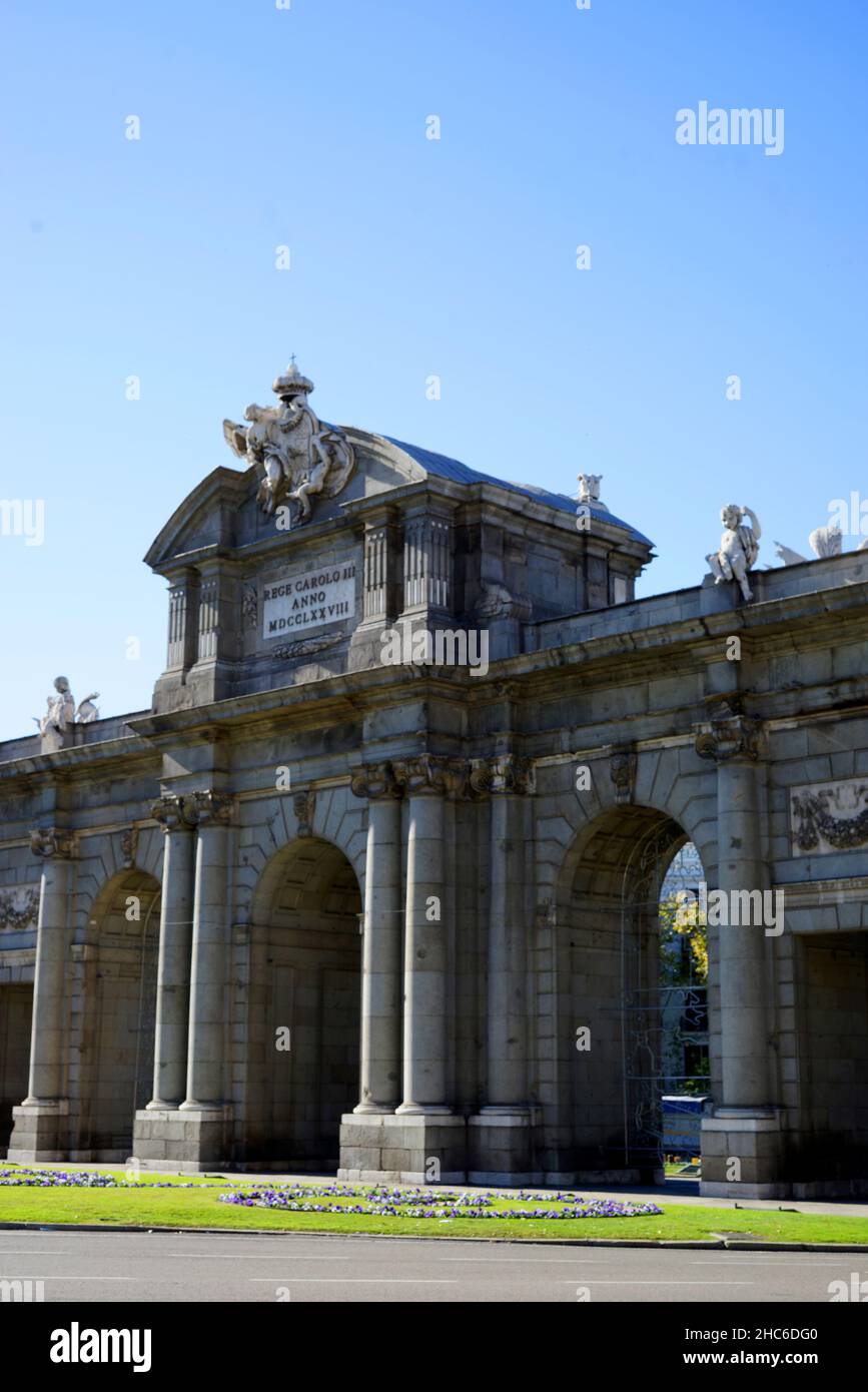 Side beautiful view of the old gate of Puerta de Alcala in Madrid ...