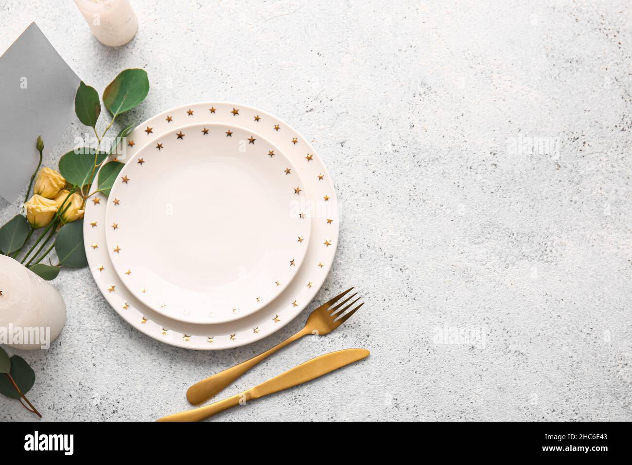 Beautiful table setting for wedding on light background Stock Photo - Alamy