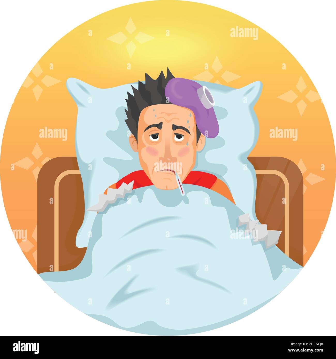 sick man laying in bed with fever on white background Stock Vector ...