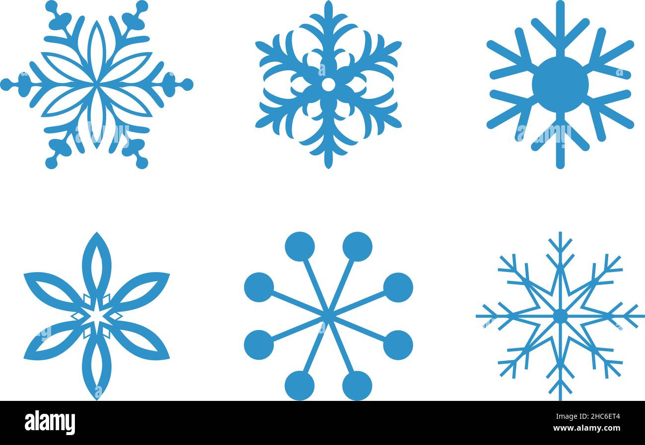 Ice blue frosty abstract snowflake symbols set on white background ...