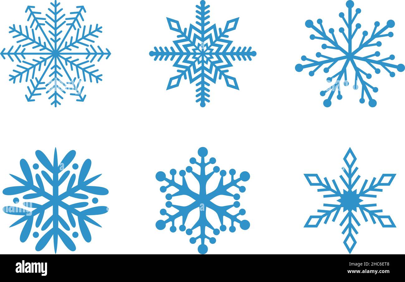 Ice blue frosty abstract snowflake symbols set on white background ...