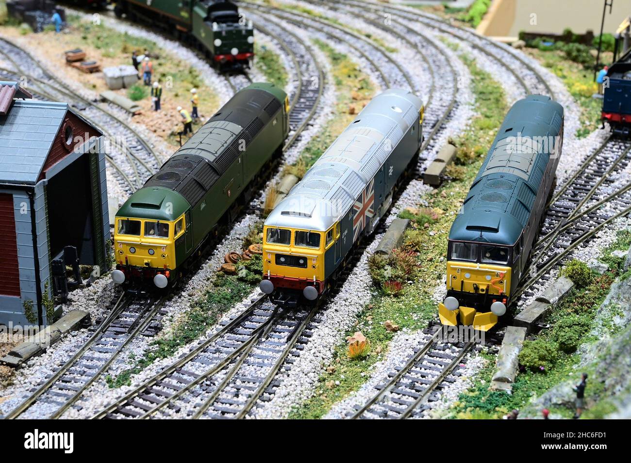 A trio of model class 47 locomotives on a model railway Stock Photo - Alamy