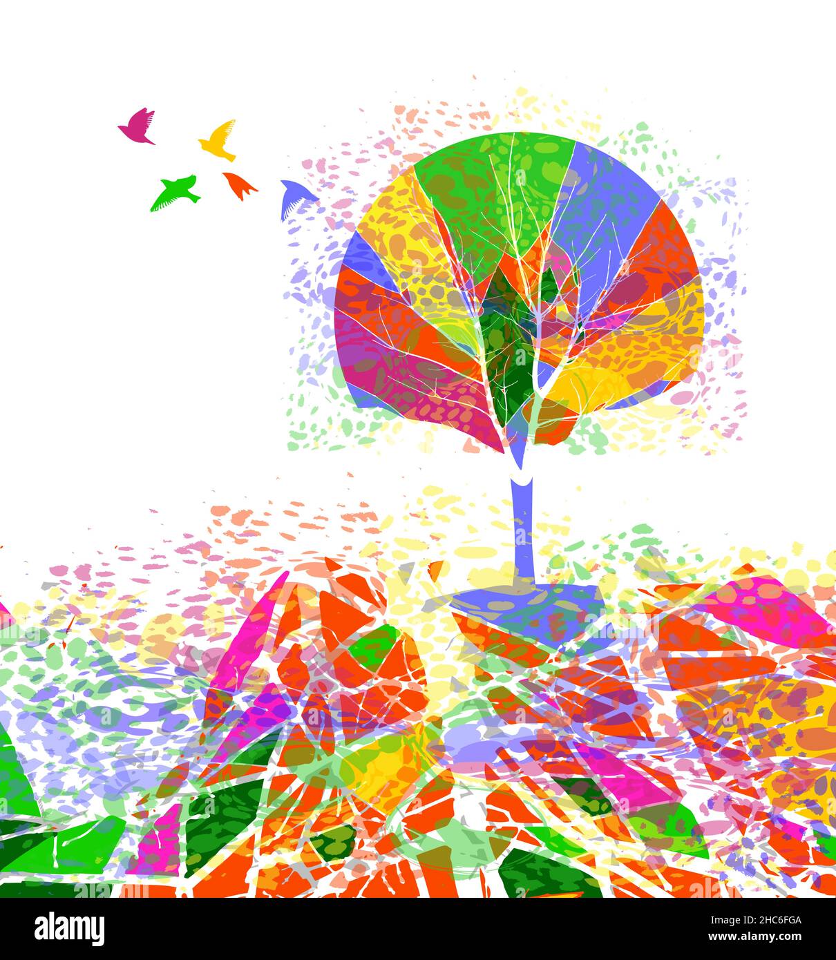 abstract multi-colored tree with flying birds. Vector illustration ...