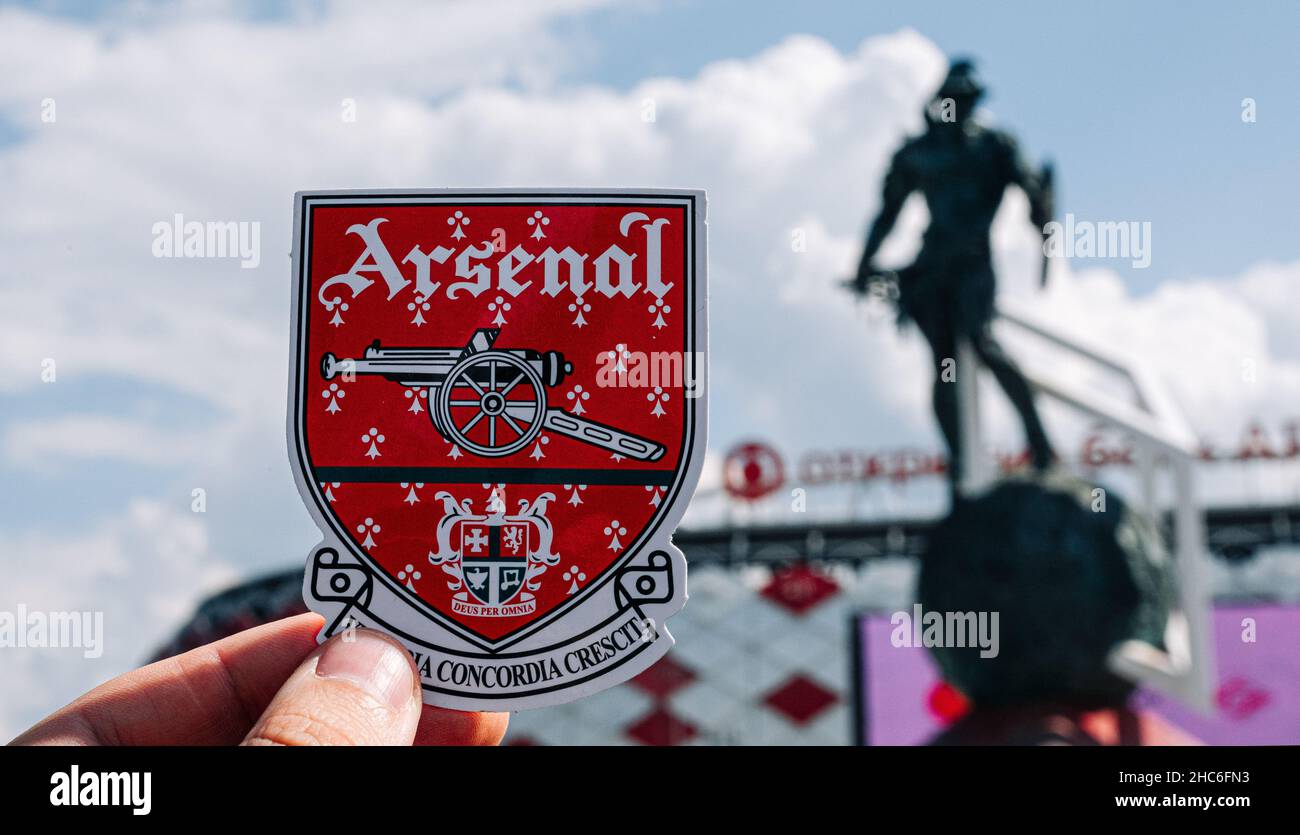 June 14, 2021 London, UK. Arsenal F.C. football club emblem against the ...