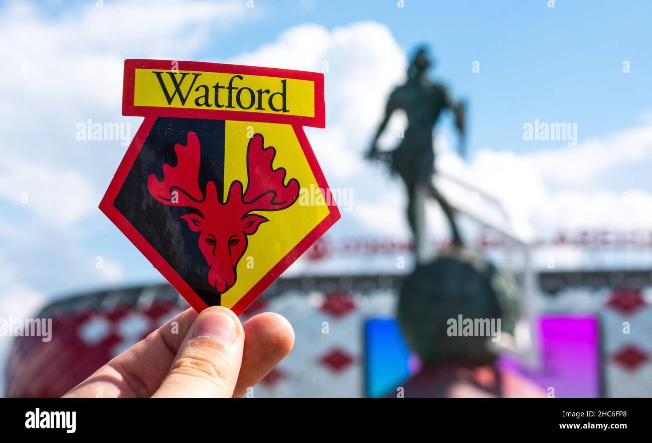 June 14, 2021, Watford, UK. Watford F.C. Football Club emblem against ...