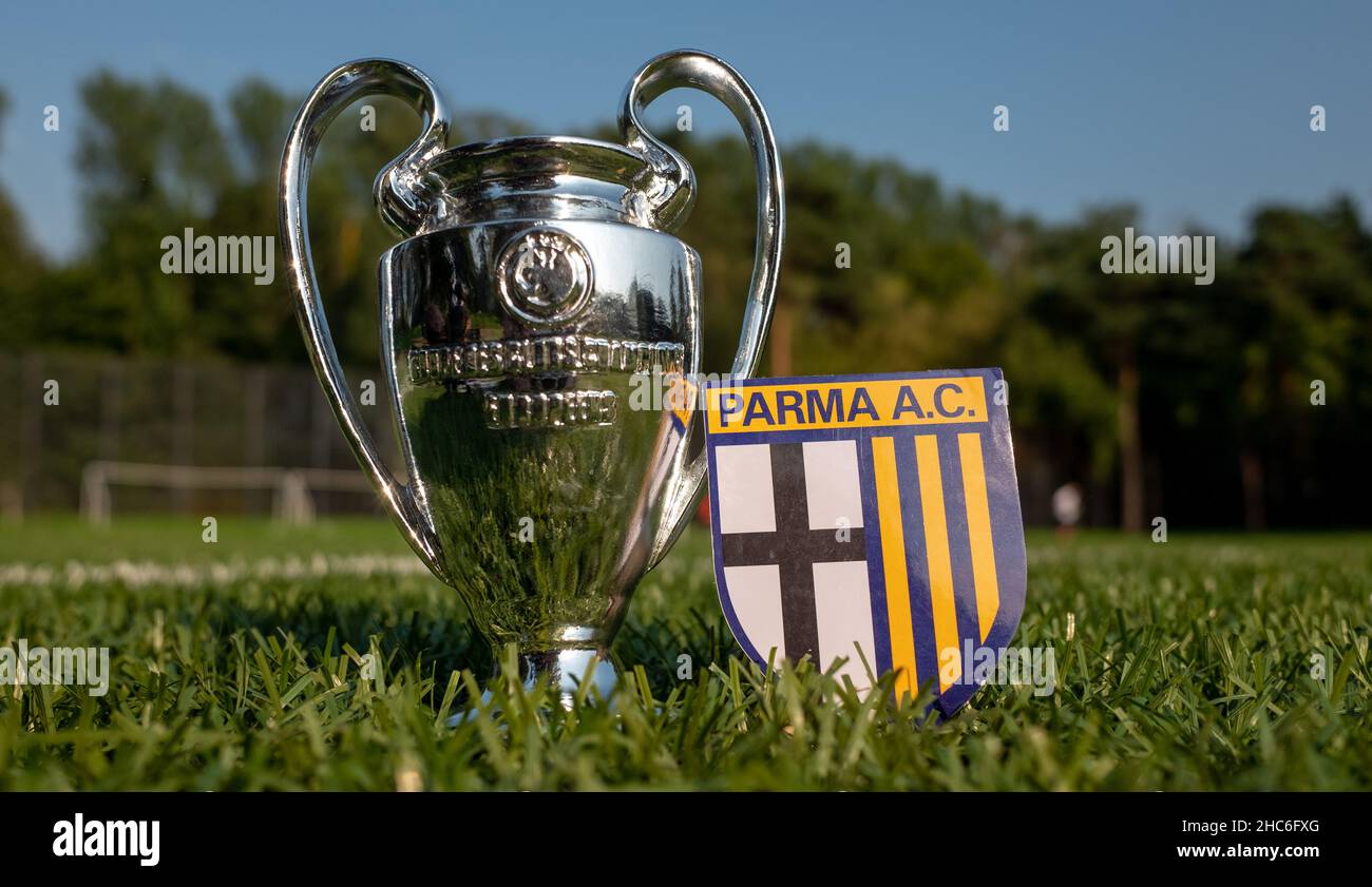 August 30, 2021, Parma. Parma Calcio football club emblem and UEFA ...