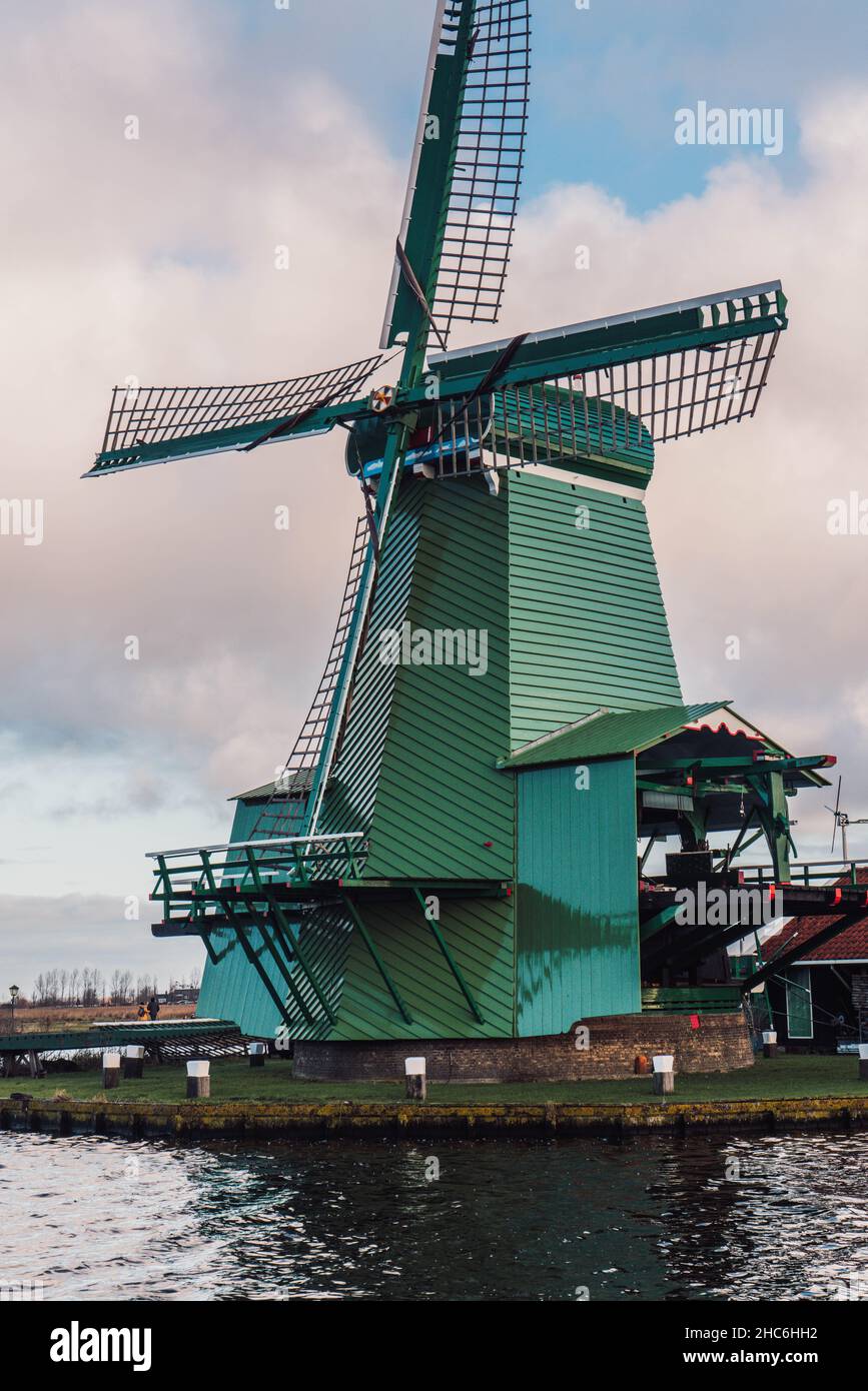 Vertical of a windmill in Zaanse Schans, the Netherlands Stock Photo ...