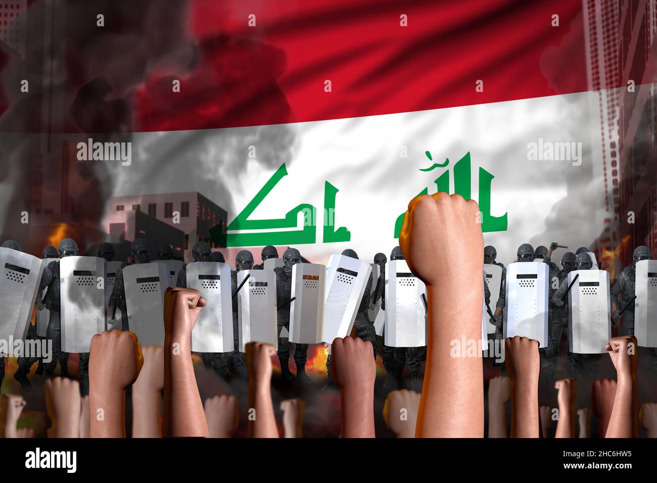 disorder fighting concept - protest in Iraq on flag background, police ...