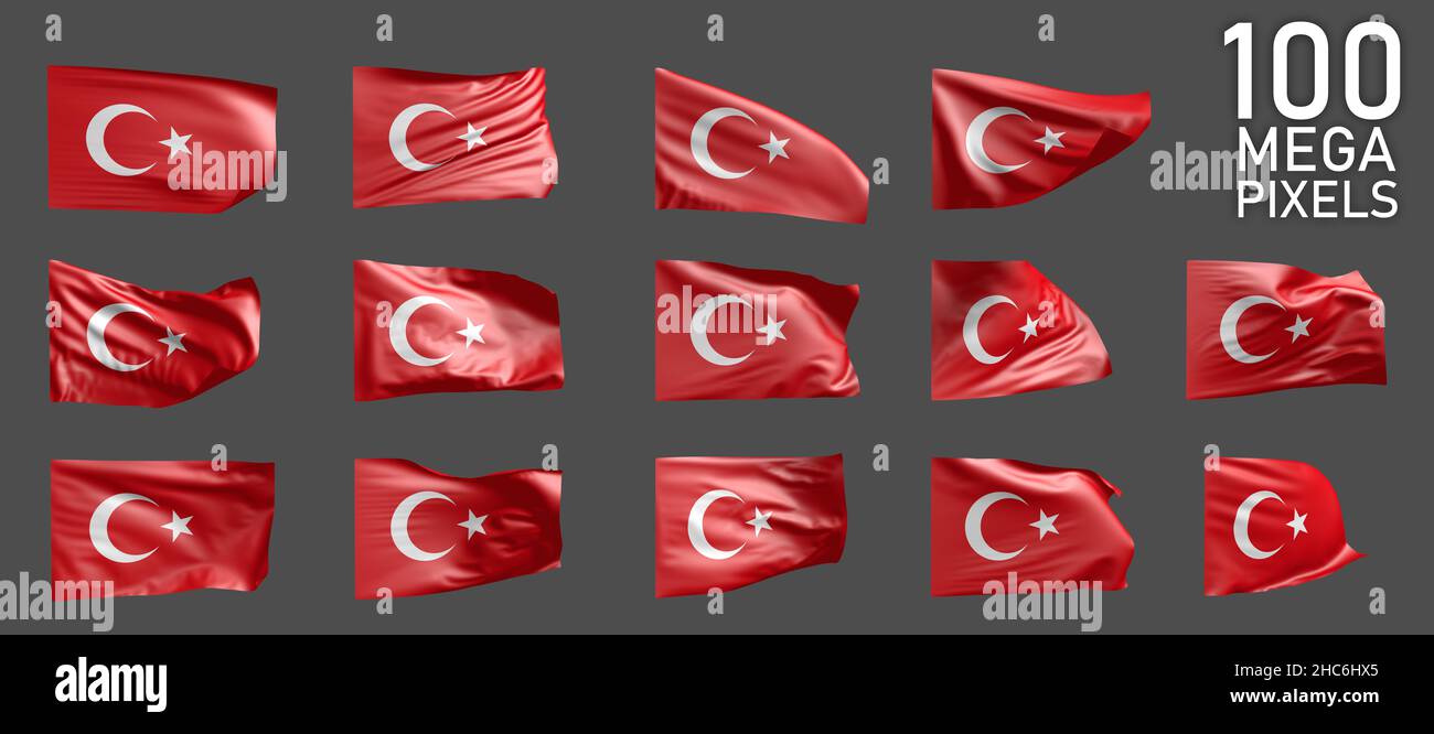 a lot of various realistic renders of Turkey flag isolated on grey ...