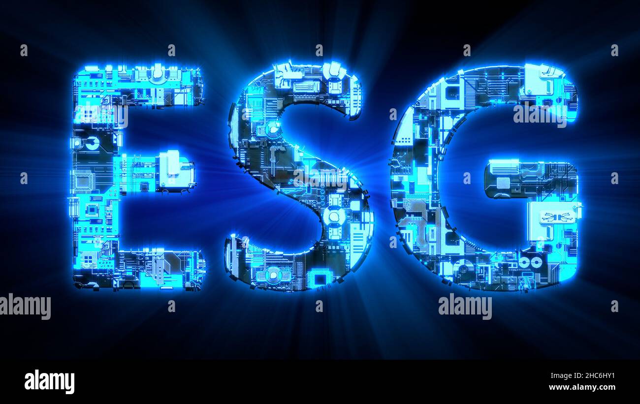 ESG lighting blue digital cyber text, isolated - industrial 3D ...