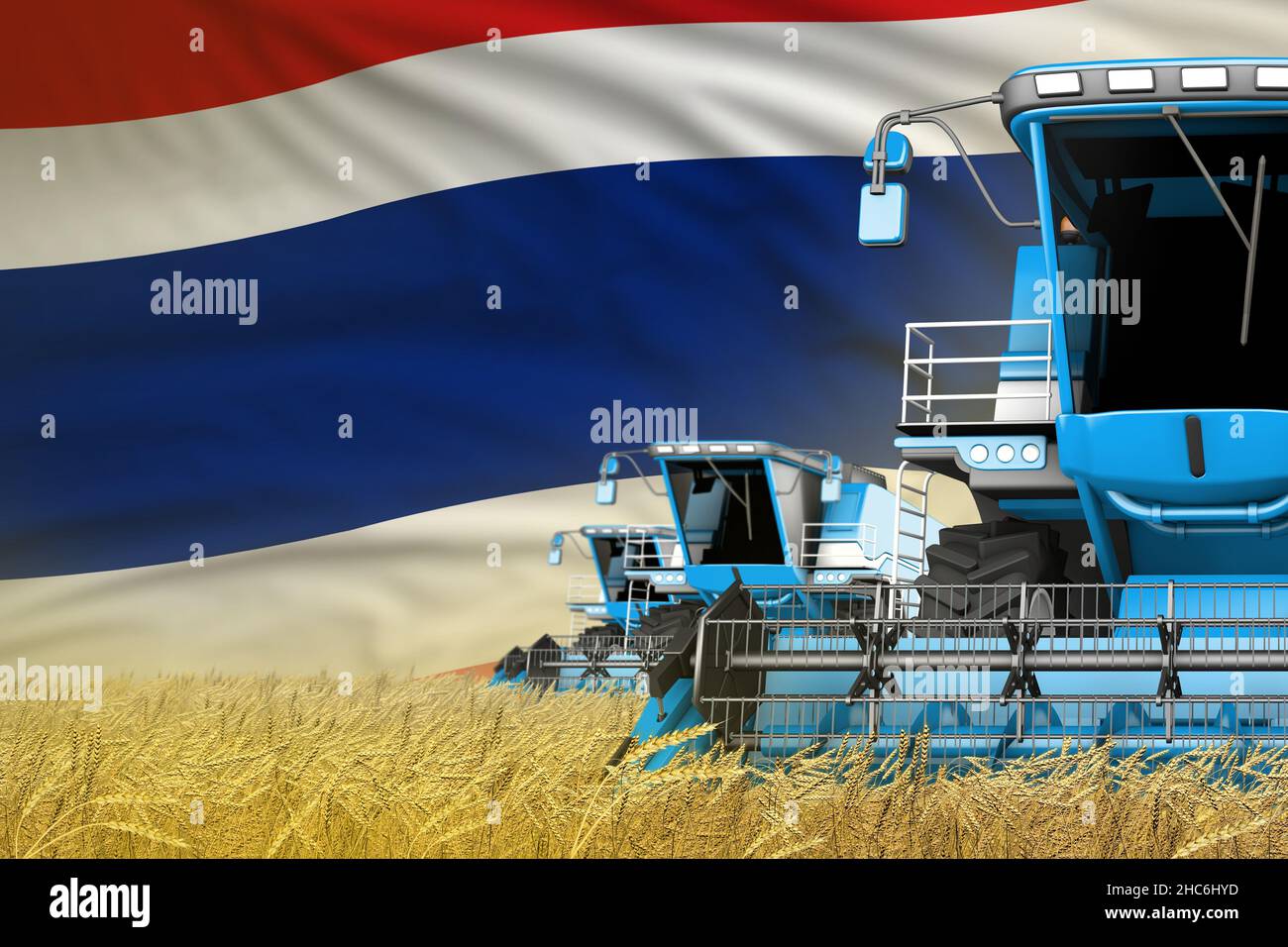 three blue modern combine harvesters with Thailand flag on rye field ...