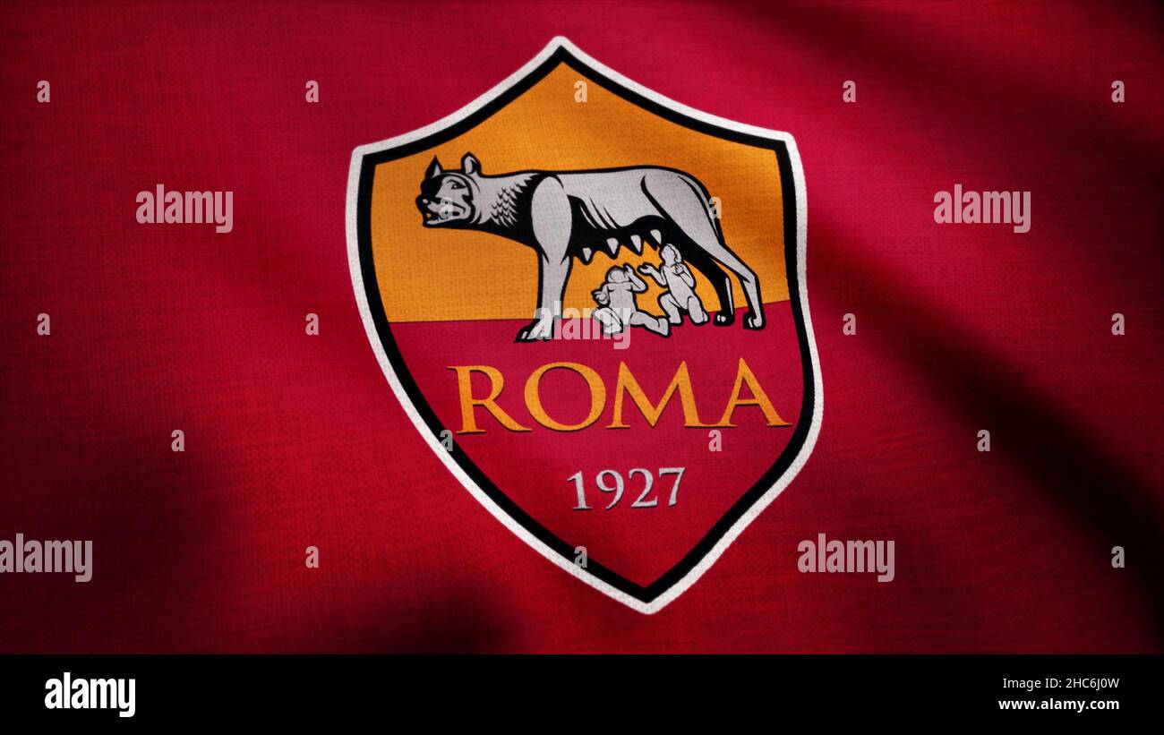 Close-up of waving flag with A.S. Roma football club logo, seamless ...