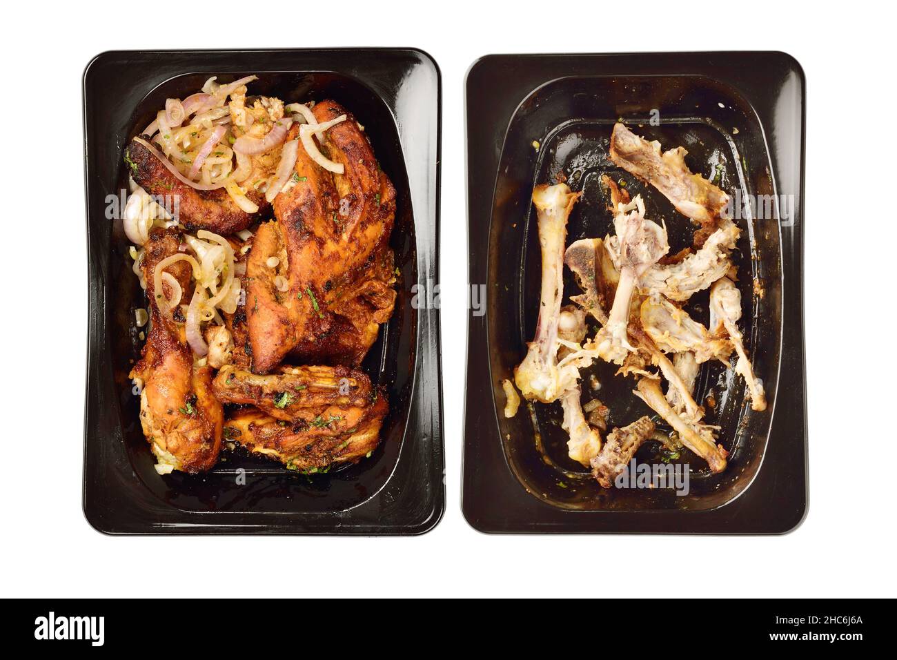 Grilled Chickens with Leftover Chicken Bones in Container Stock Photo ...