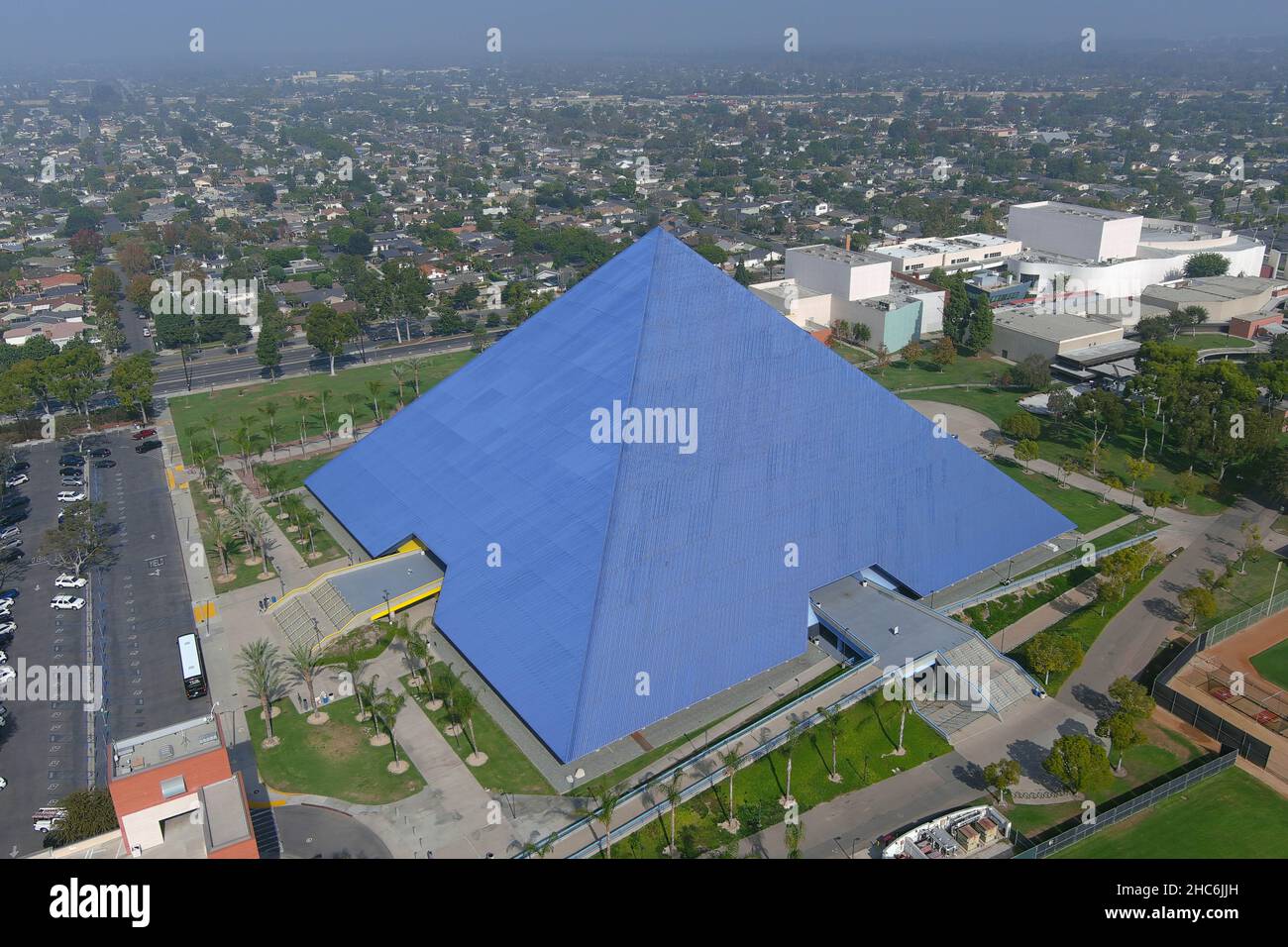 An aerial view of the Walter Pyramid on the campus of Long Beach State ...