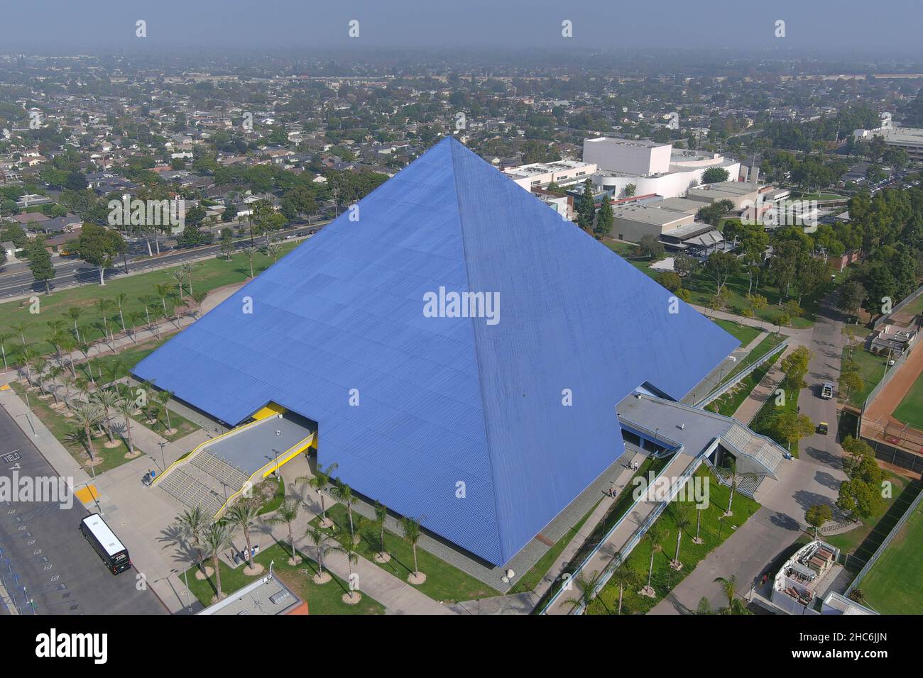 An aerial view of the Walter Pyramid on the campus of Long Beach State ...