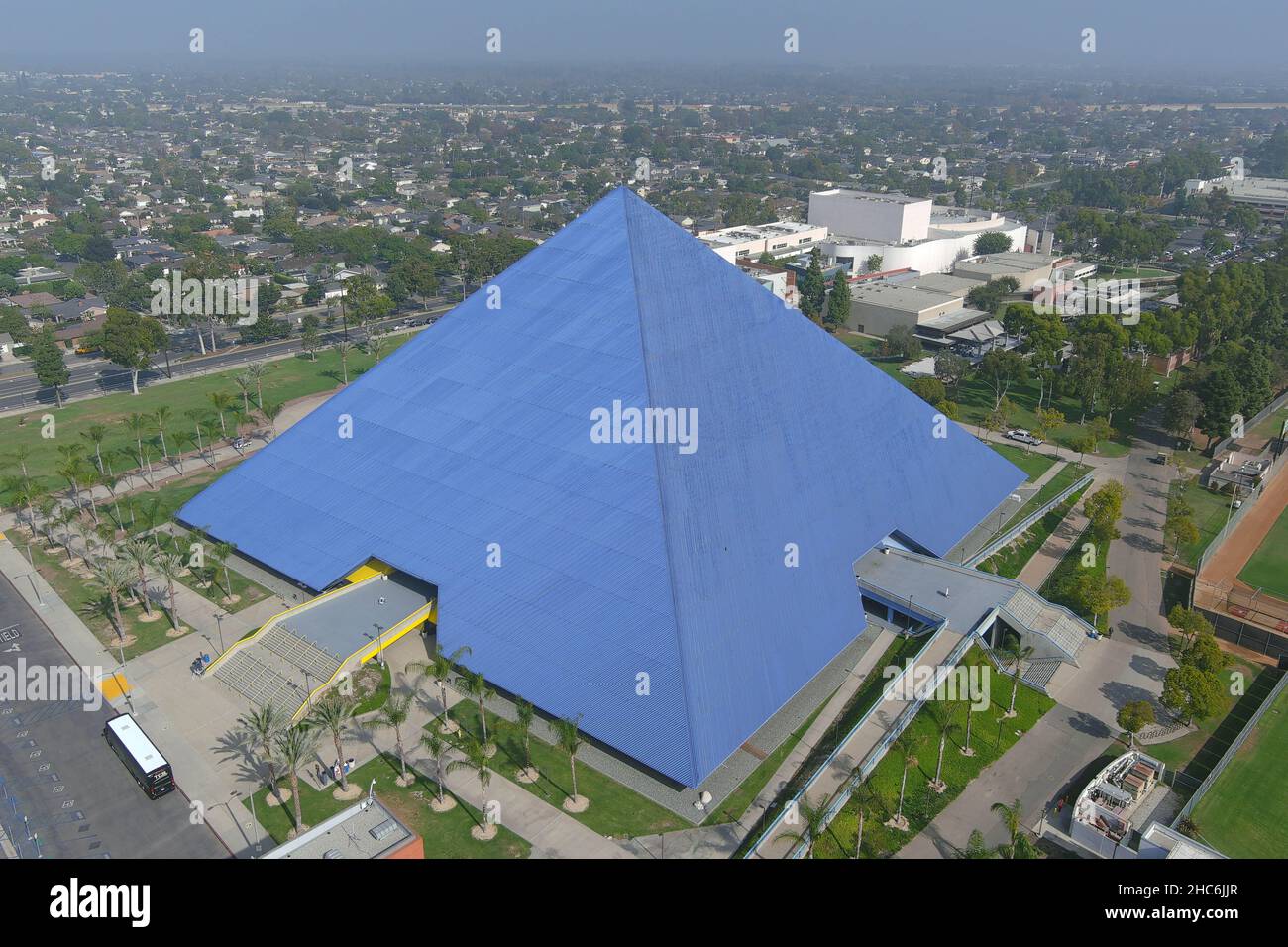 An aerial view of the Walter Pyramid on the campus of Long Beach State ...