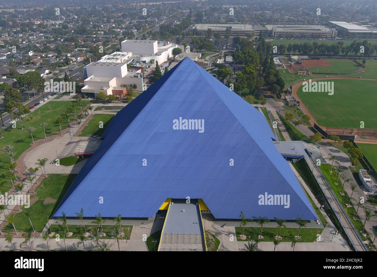 An aerial view of the Walter Pyramid on the campus of Long Beach State ...