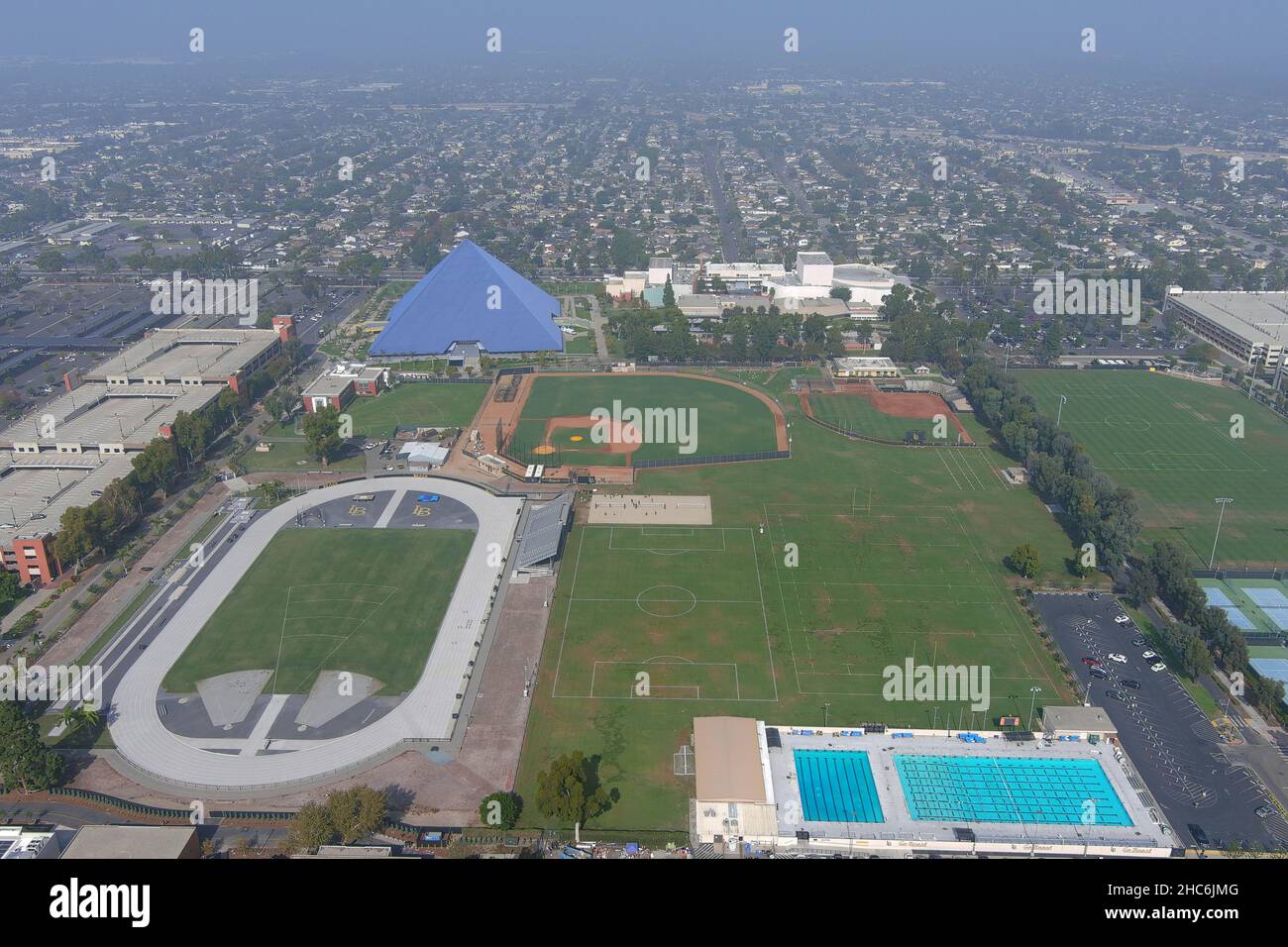 An aerial view of Jack Rose Track with Walter Pyramid in the background ...