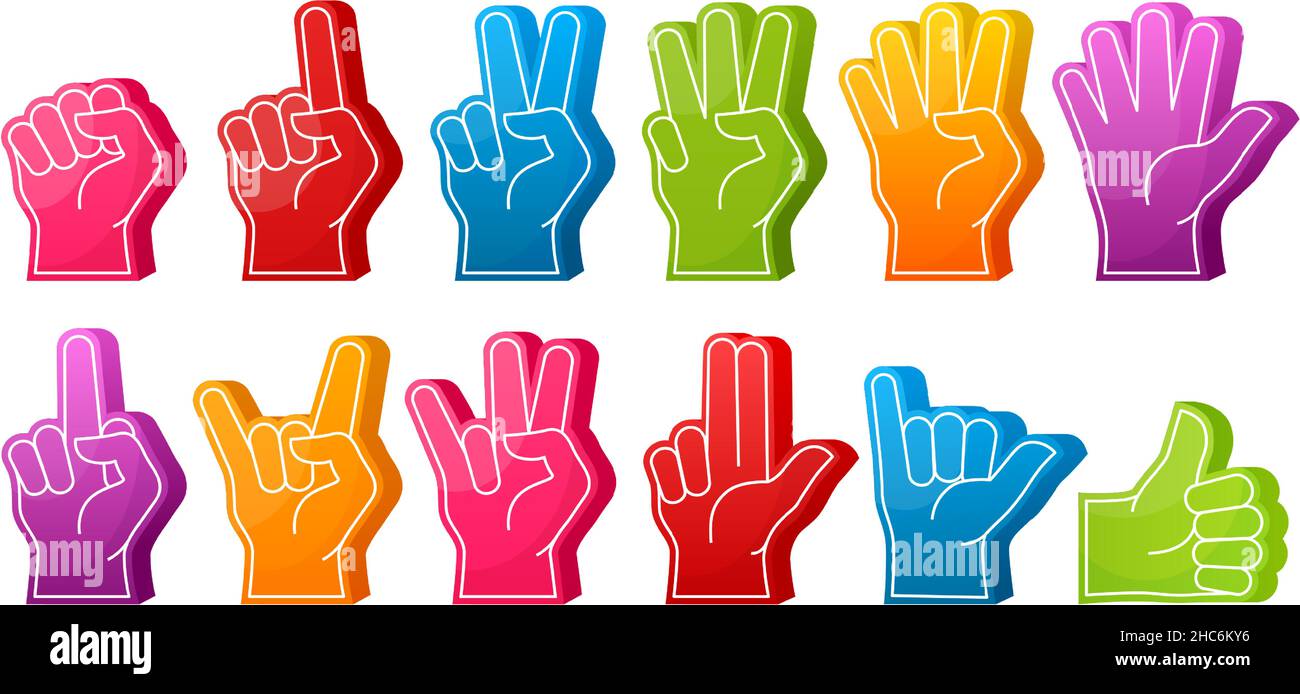 Fan foam fingers, sports fan support hands with different gestures ...