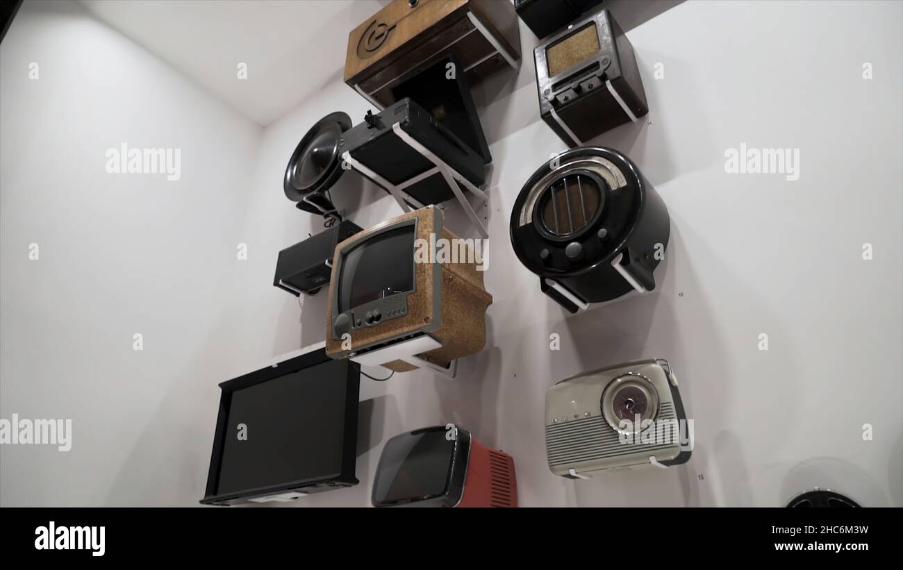 The exhibition of vintage tv-receivers, old audio players and radio in ...