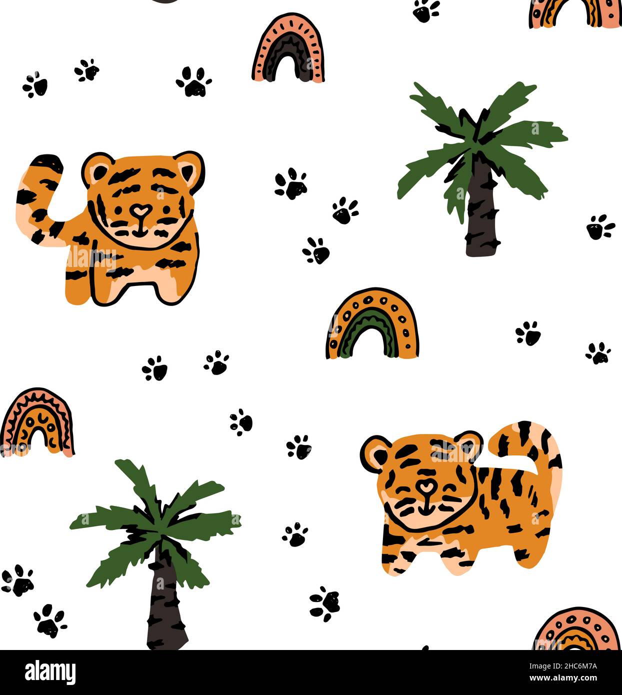 Cute childish hand drawn seamless pattern of tigers, palm trees, paws ...