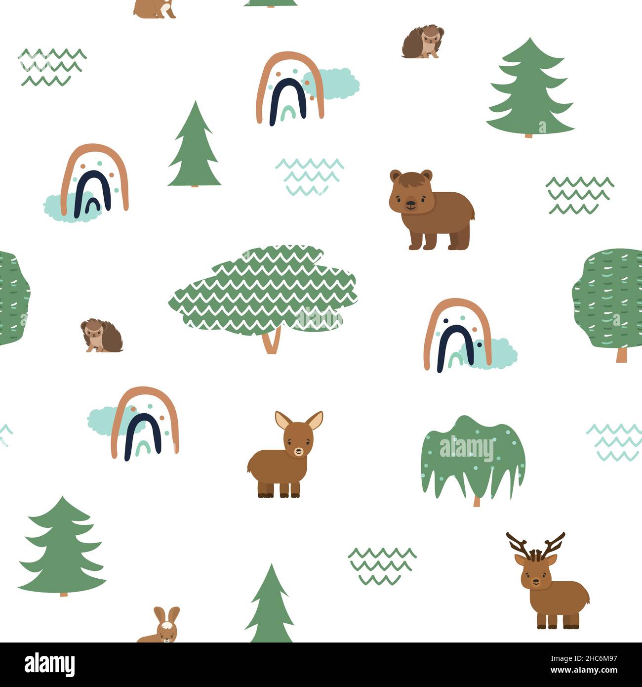 Cute forest animals seamless pattern with rainbows. Bear deer doe, elk ...