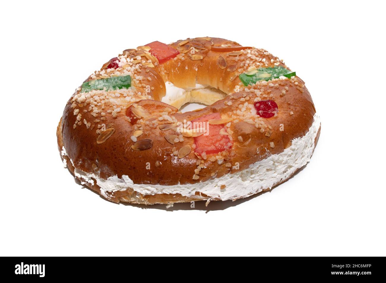 Closeup of typical Spanish epiphany cake Roscon de Reyes, isolated on ...