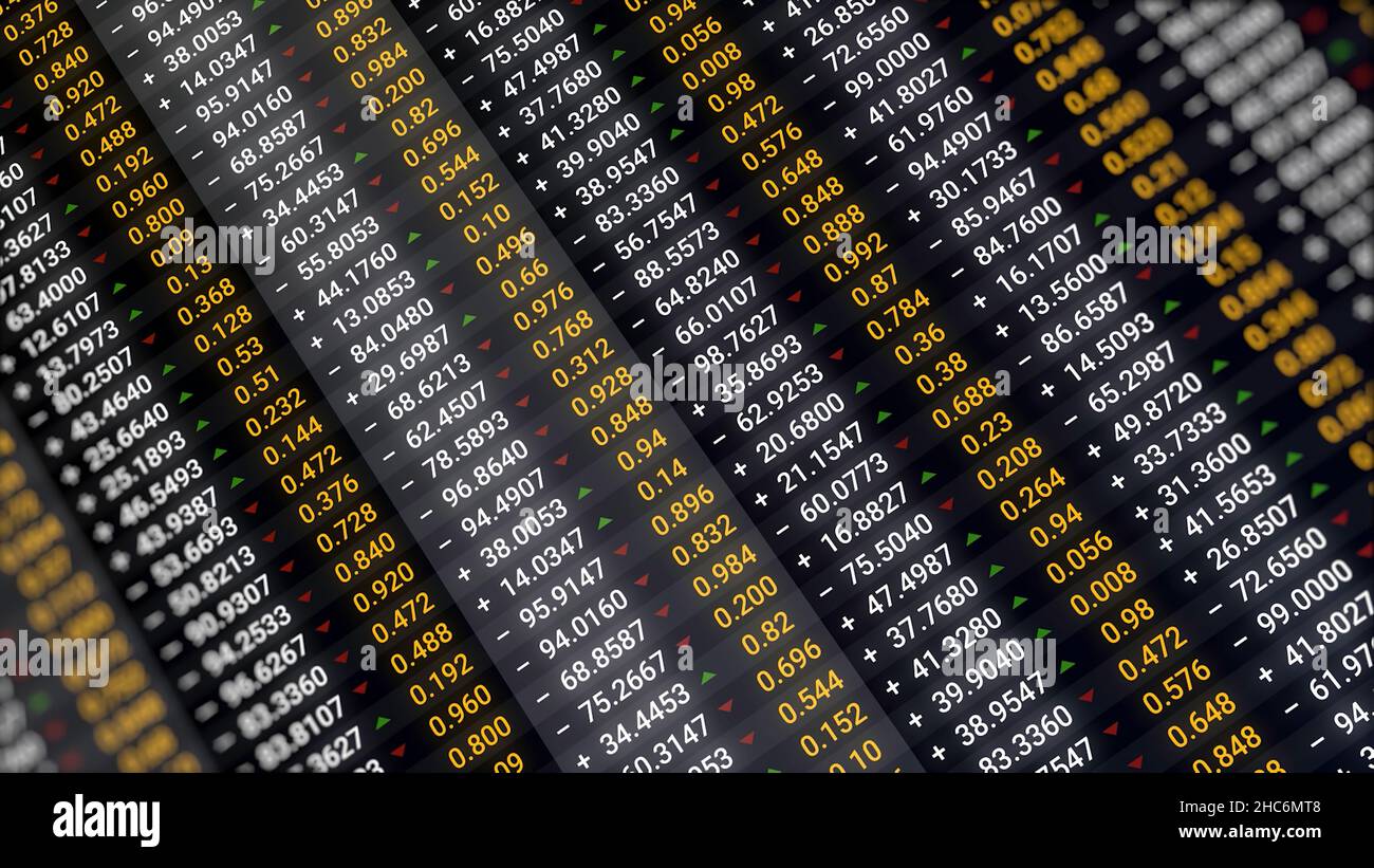 Abstract financial data, changing symbols on computer black screen ...
