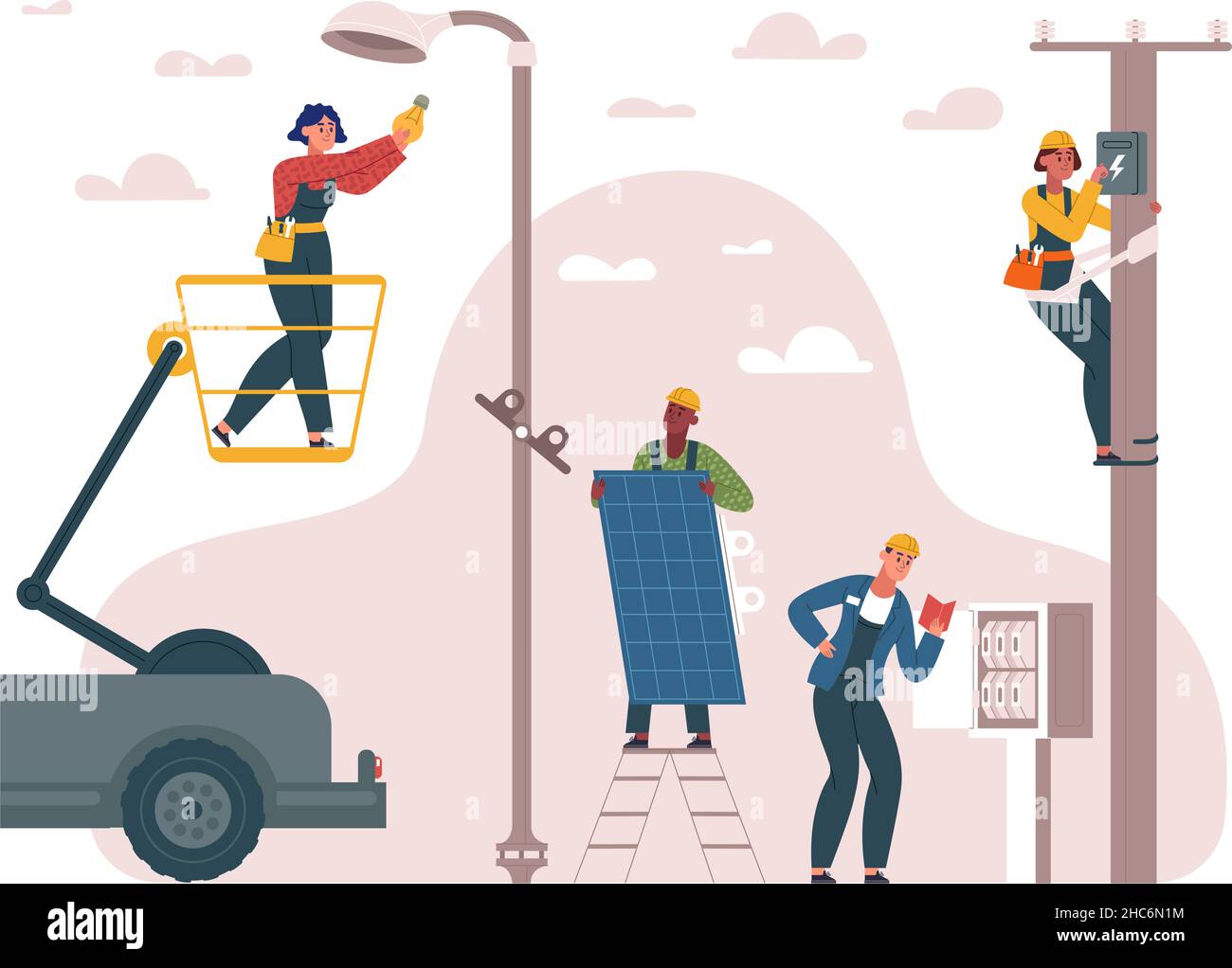 Electricity workers, professional repairman service at work ...