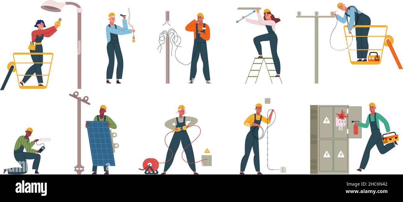 Electricity workers repair power line, changing lamp bulb. Professional ...