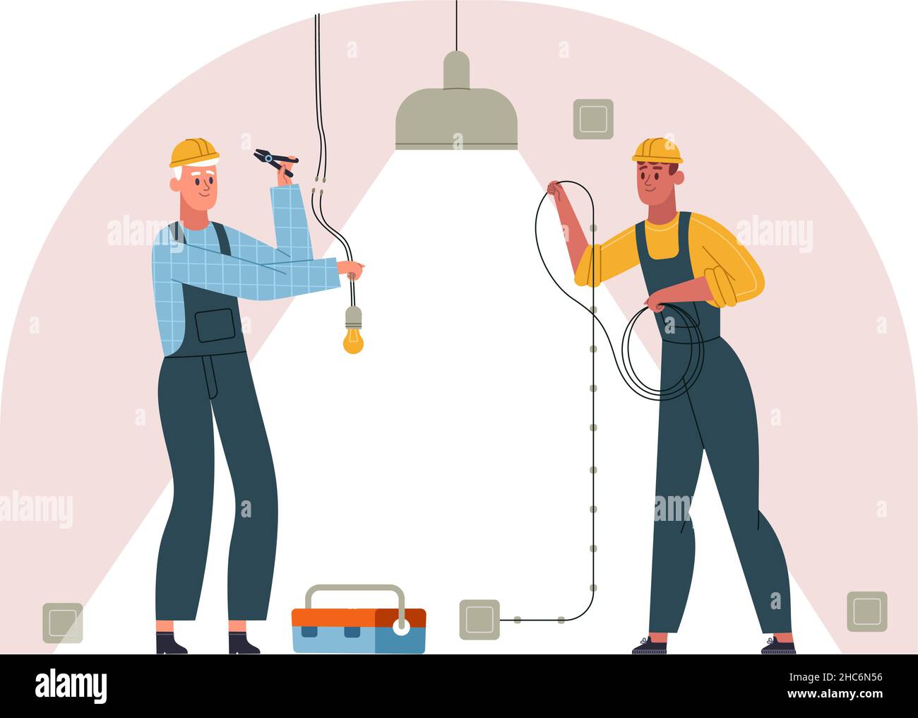 Professional electricians workers do necessary electrical installation ...