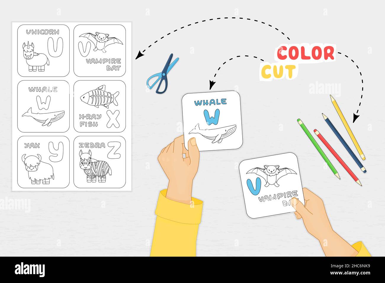 Color cut glue paper game for preschool children development. Cut ...