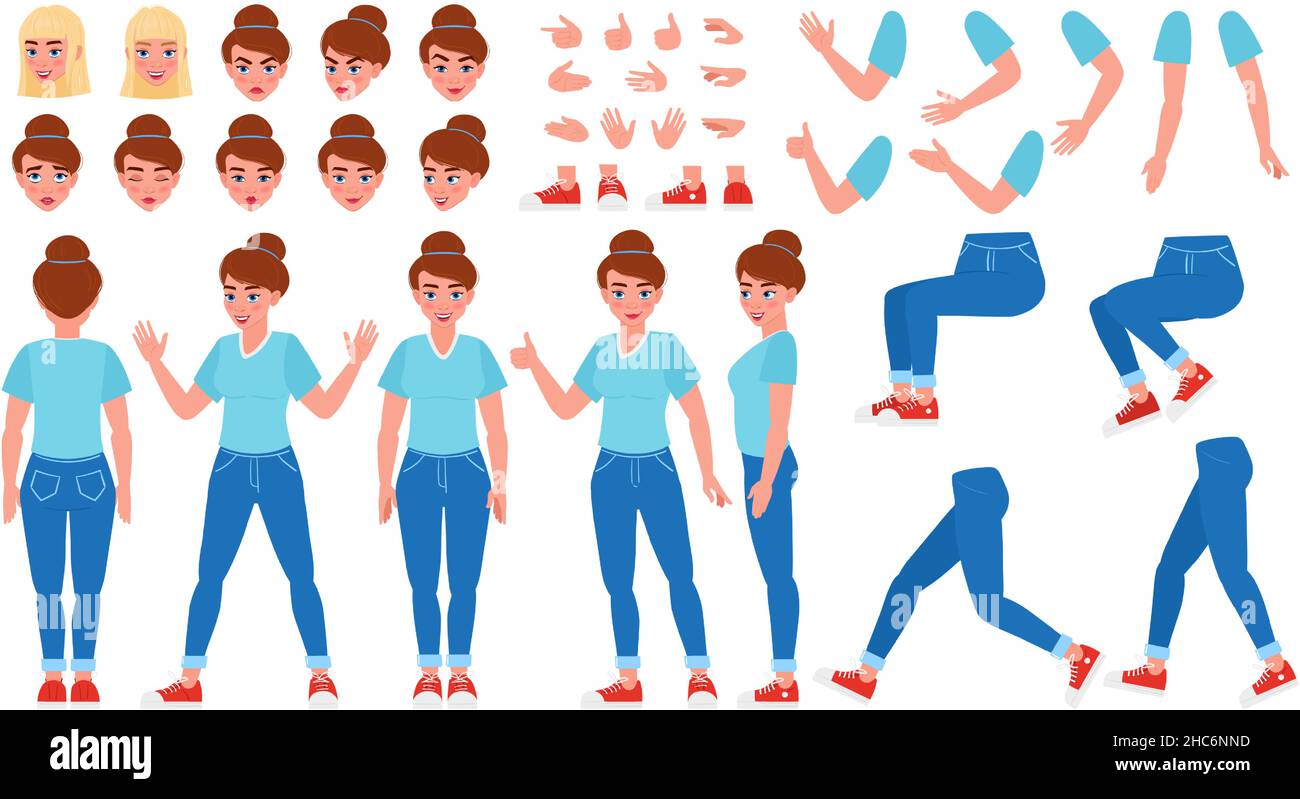 Cartoon girl character creation constructor with poses and facial ...