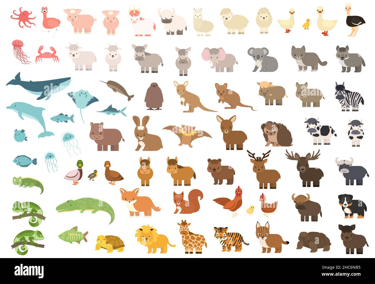 Cute isolated Forest, sea ocean, savannah, farm, zoo animals. Big set ...