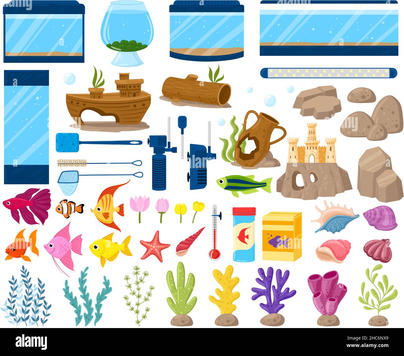 Cartoon aquarium equipment, fish, seaweeds and stones. Underwater pet ...