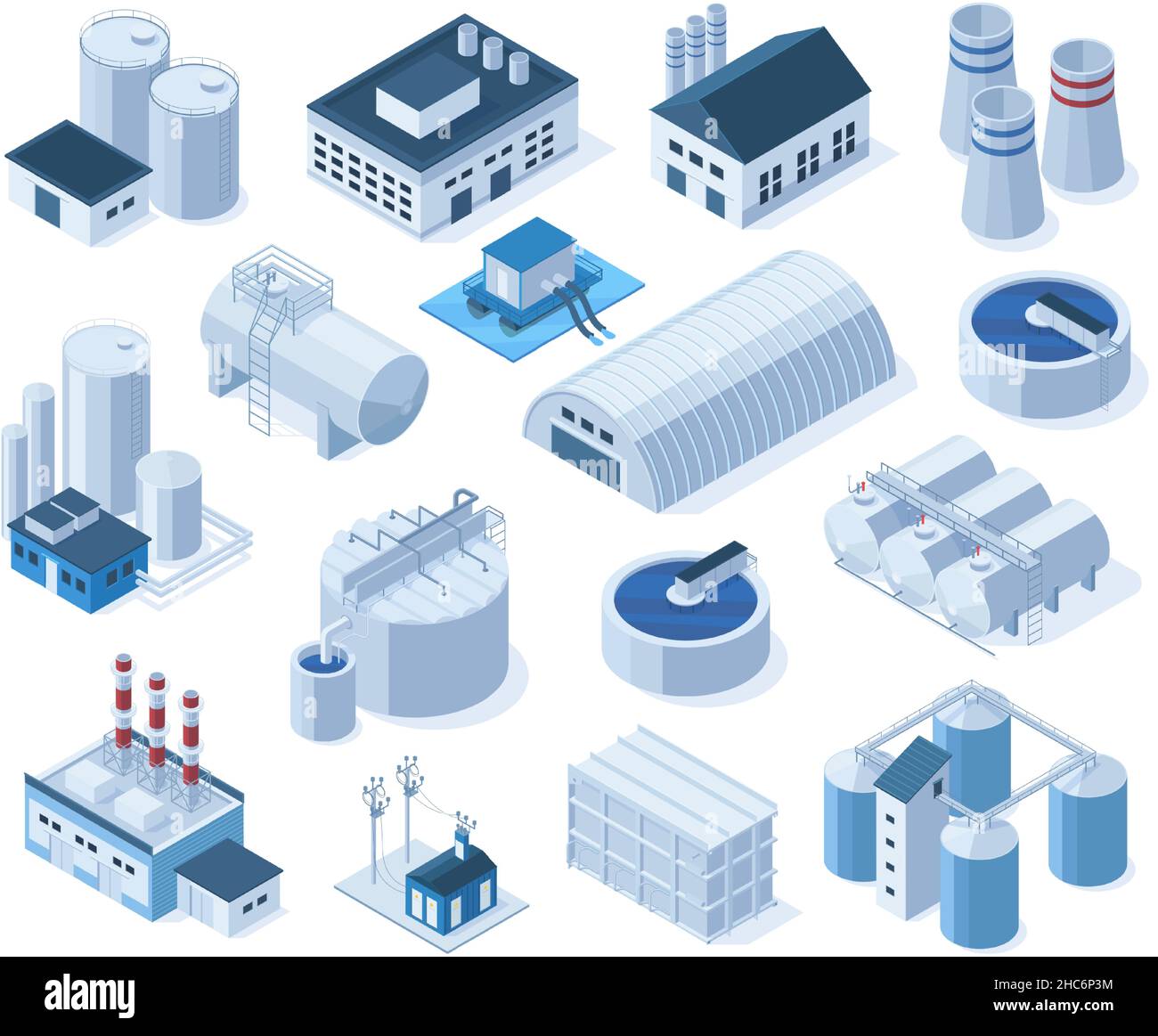 Isometric industrial factory buildings, warehouse, water purification ...