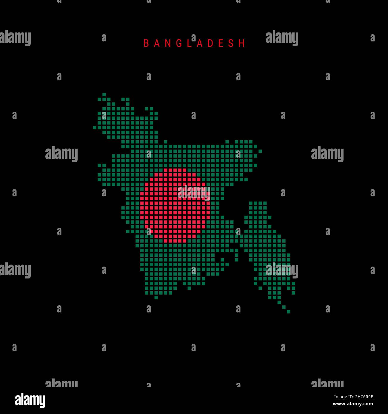 Square dots pattern map of Bangladesh. Bangladeshi dotted pixel map with national flag colors ...