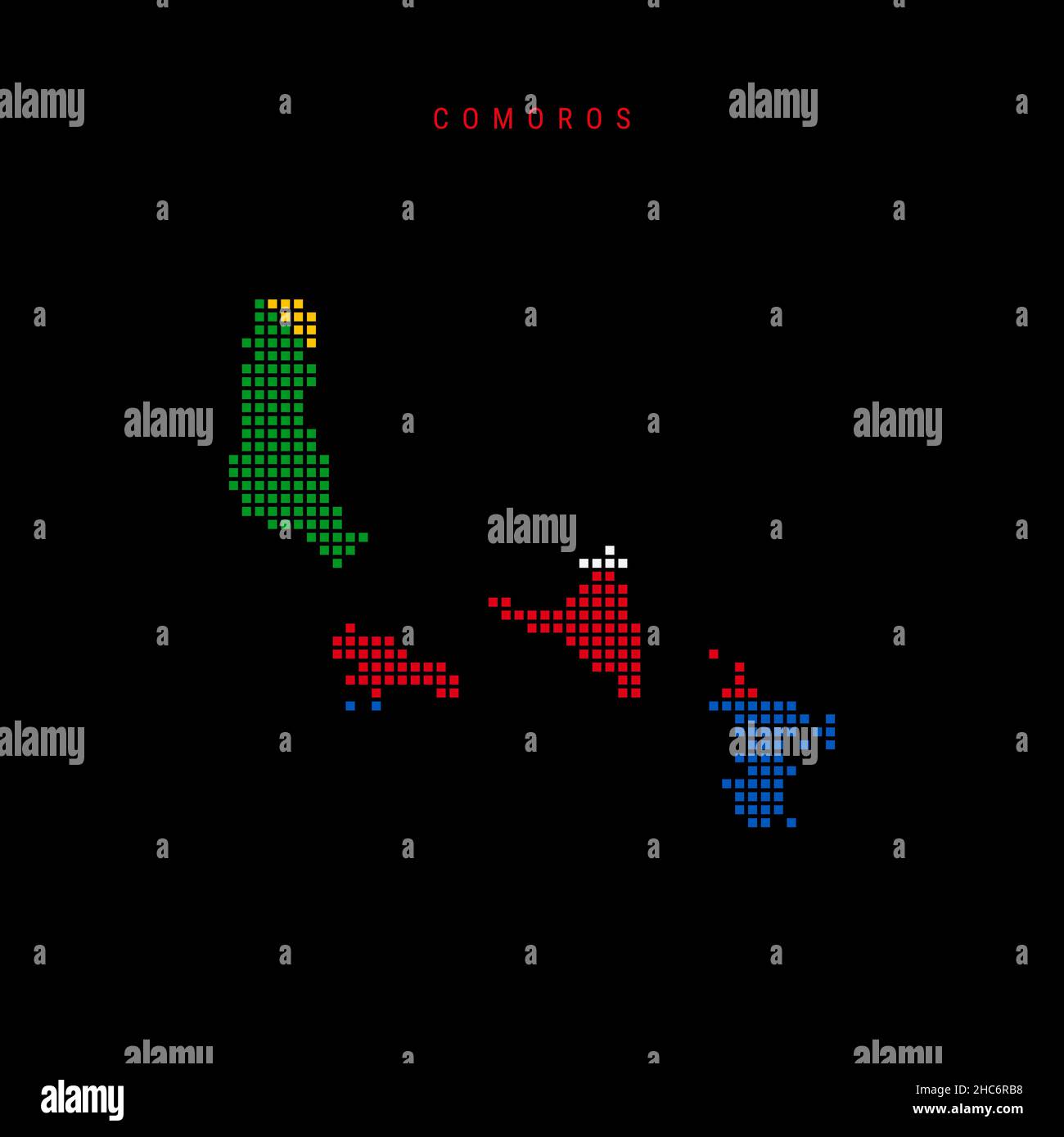 Square dots pattern map of Comoros. Union of the Comoros dotted pixel map with national flag ...