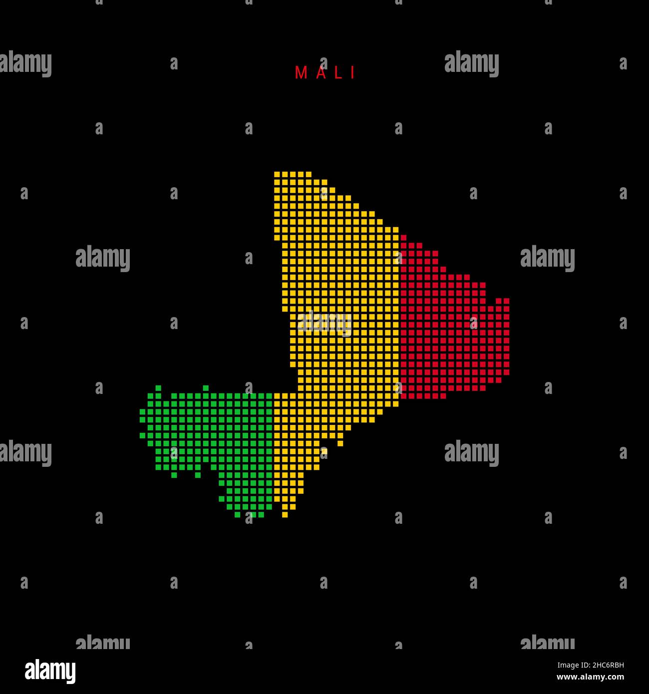 Square dots pattern map of Mali. Malian dotted pixel map with national flag colors isolated on ...