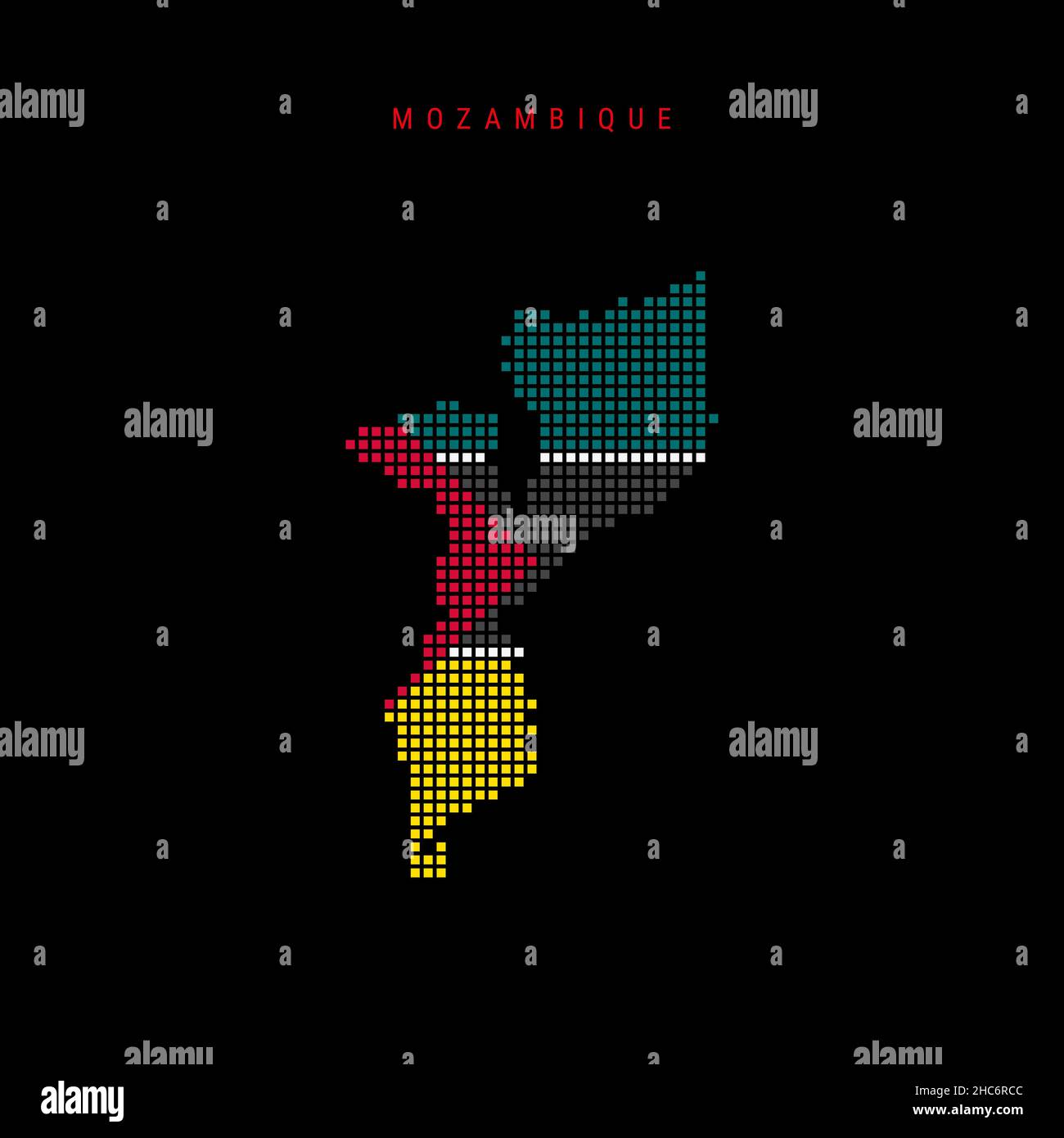 Square dots pattern map of Mozambique. Mozambican dotted pixel map with national flag colors ...