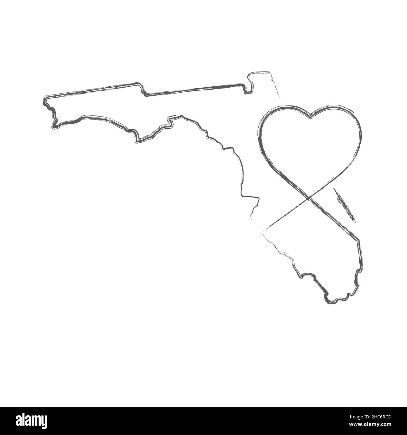 Florida US state hand drawn pencil sketch outline map with heart shape ...