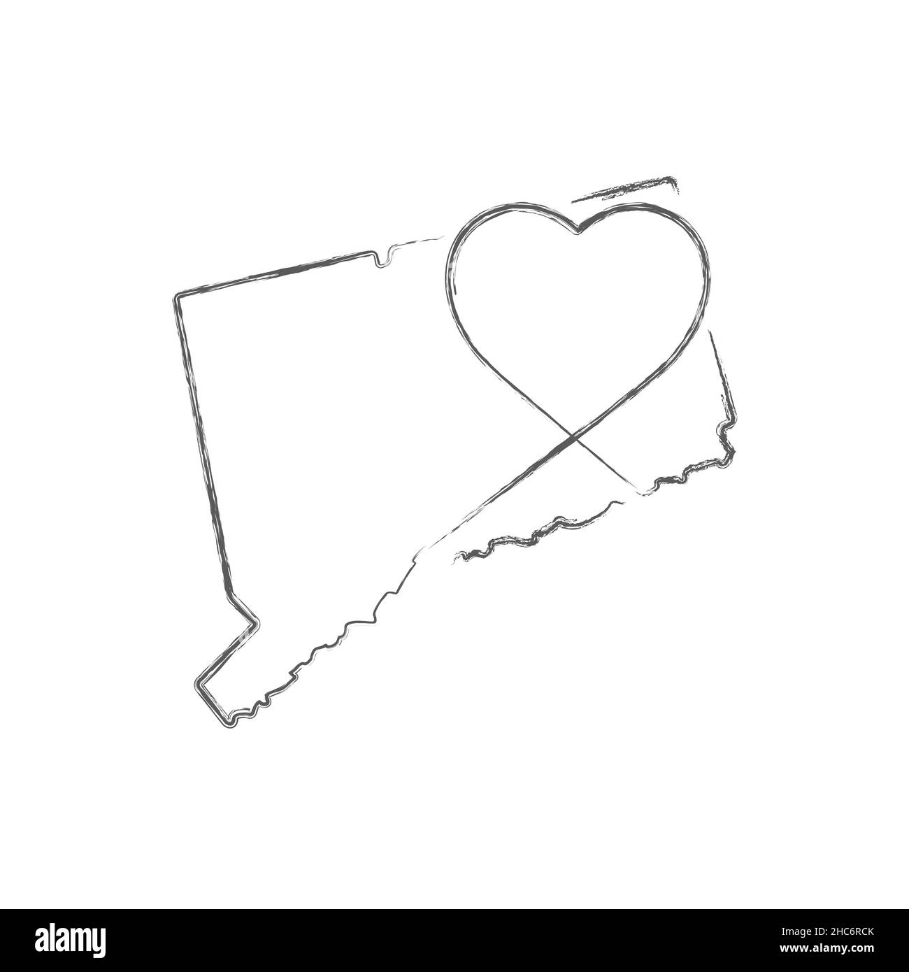 Connecticut US state hand drawn pencil sketch outline map with heart ...