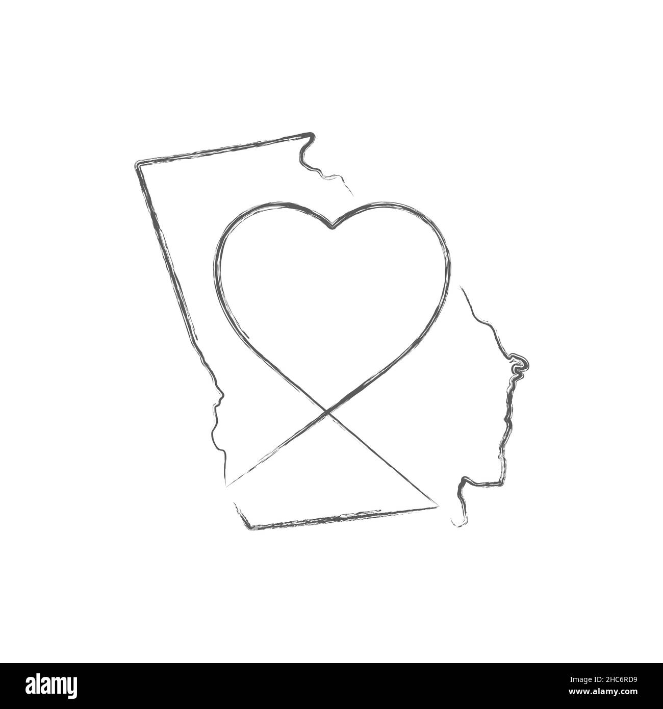 Georgia US state hand drawn pencil sketch outline map with heart shape ...