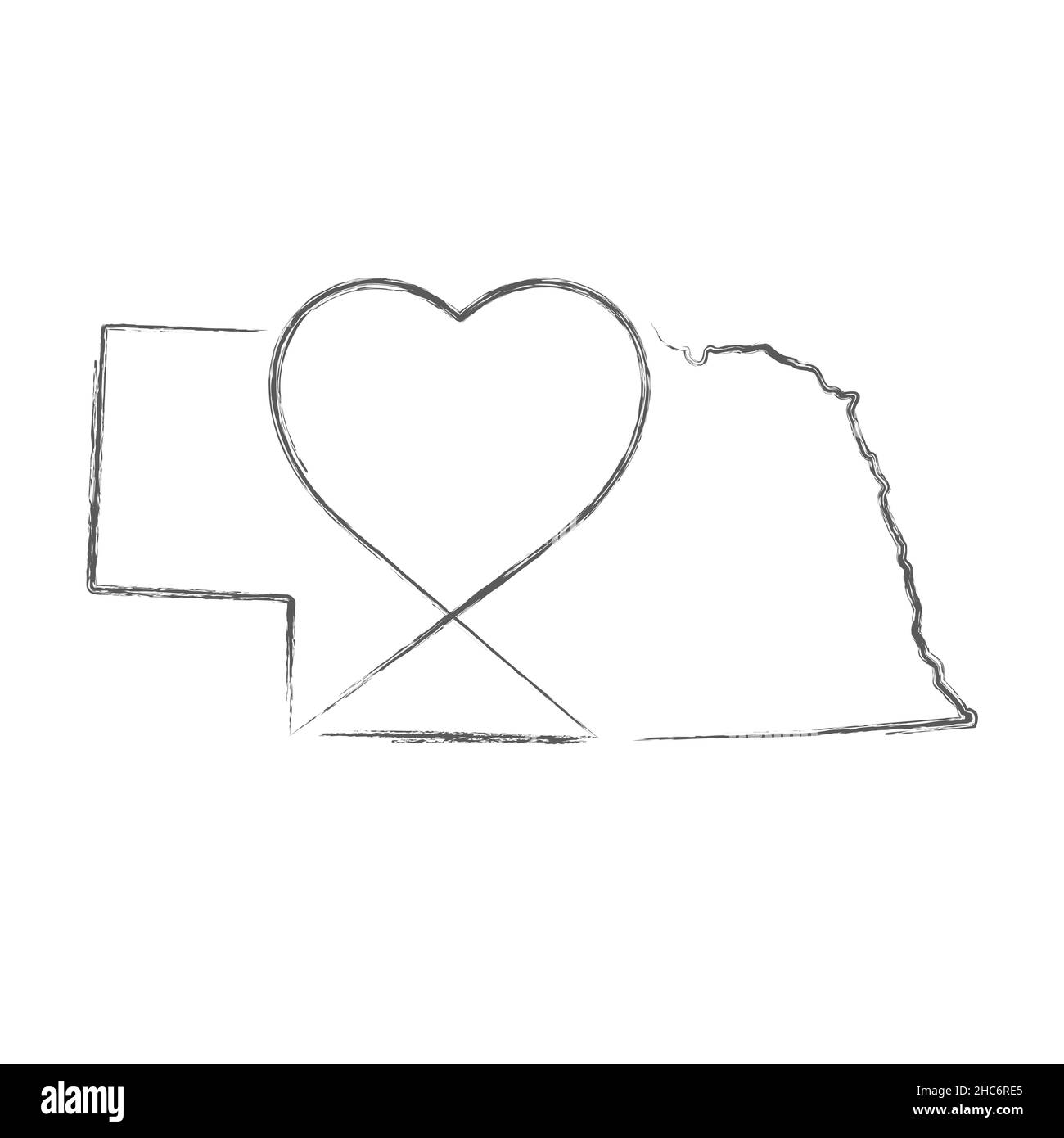 Nebraska US state hand drawn pencil sketch outline map with heart shape ...