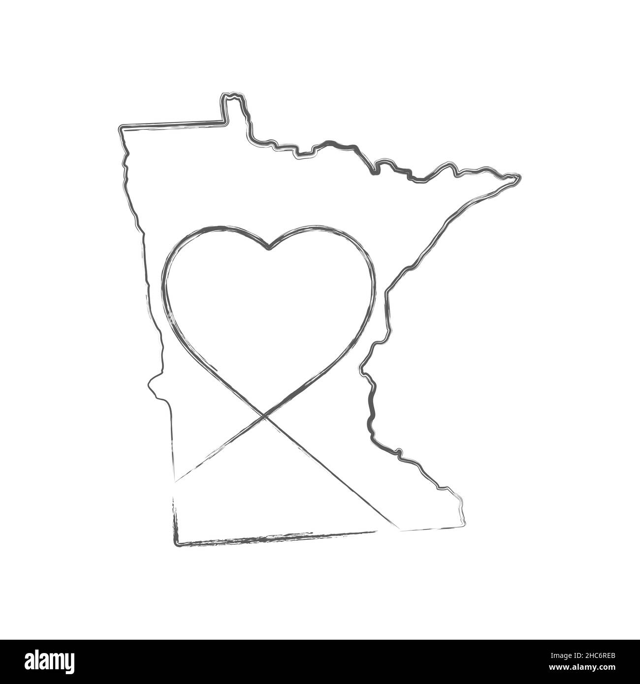 Minnesota US state hand drawn pencil sketch outline map with heart ...