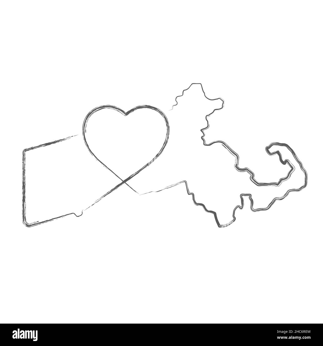 Massachusetts US state hand drawn pencil sketch outline map with heart ...