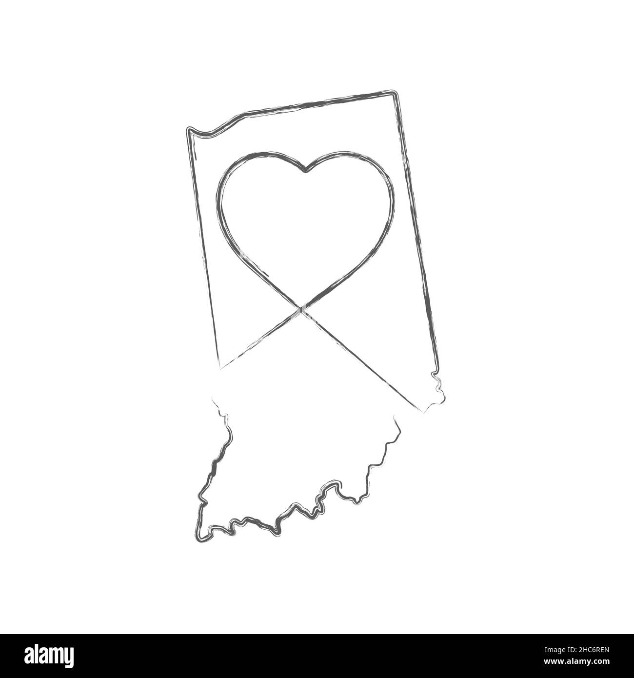 Indiana US state hand drawn pencil sketch outline map with heart shape ...