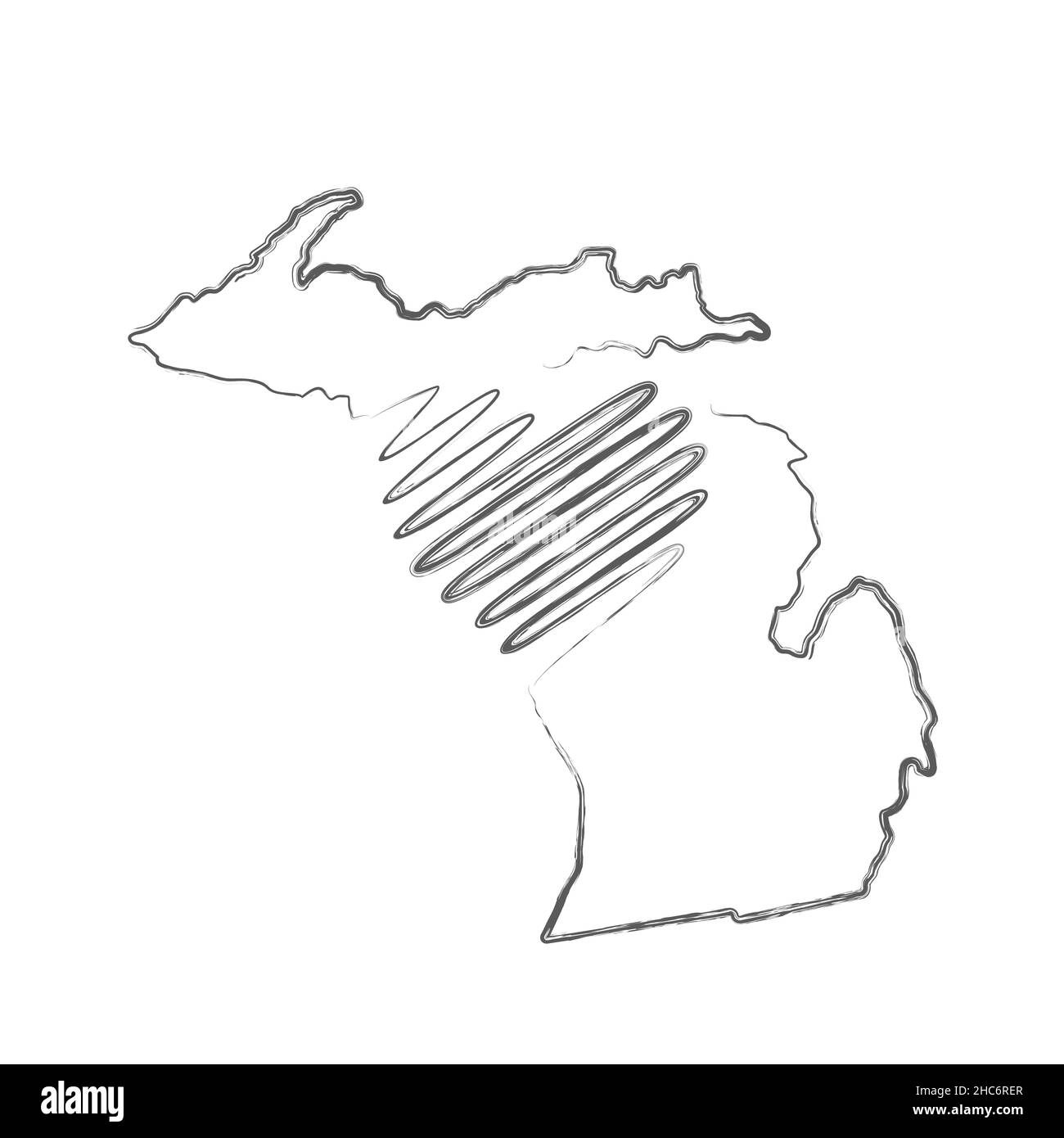 Michigan US state hand drawn pencil sketch outline map with heart shape ...